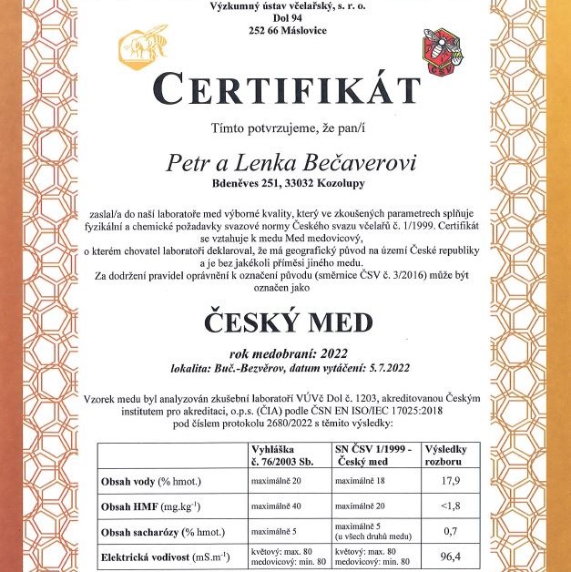 CERITIFKÁT NAŠEHO MEDU 2022 | Beecaver.cz